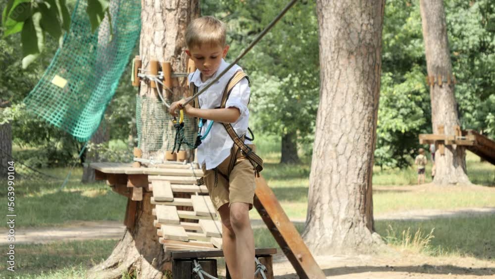 Little boy struggling walking on strung rope between trees in park ...