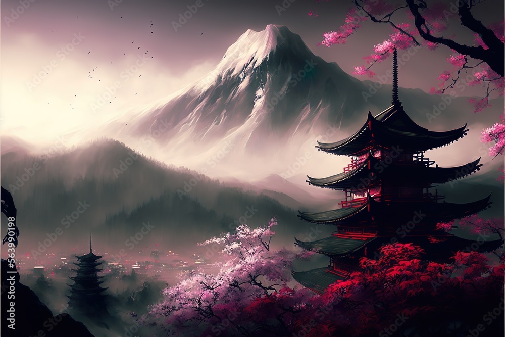 Beautiful Japanese art landscape with blossom sacura trees and Fuji ...