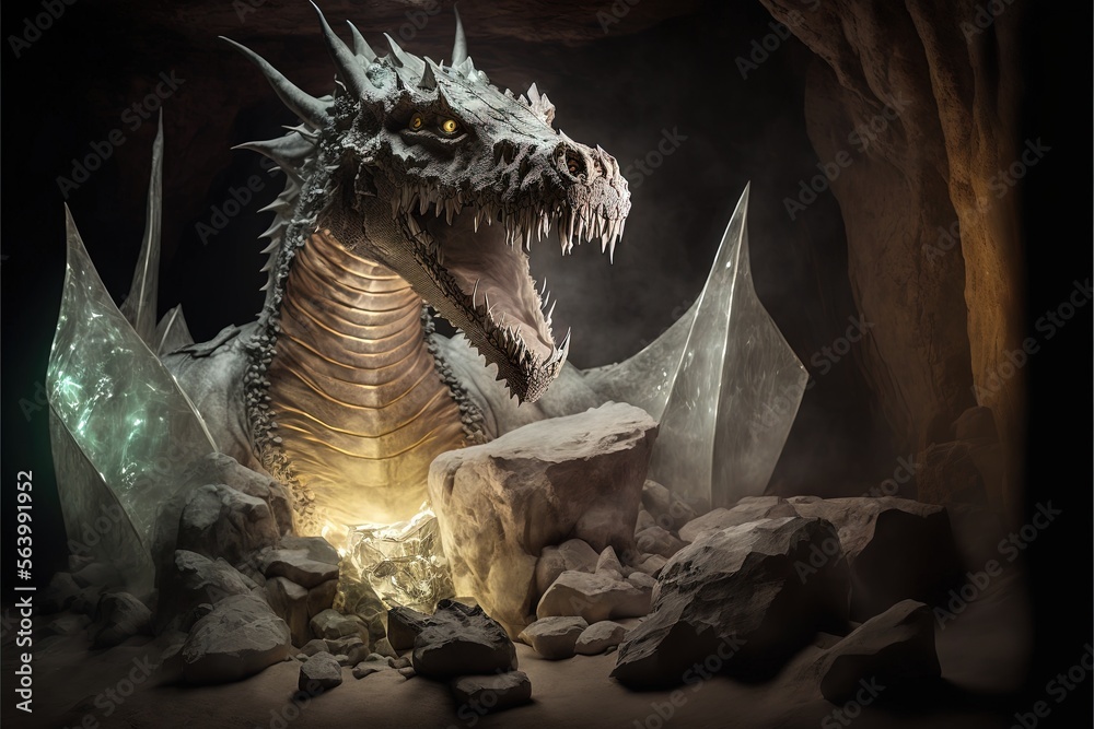 a dragon statue is shown in a cave with rocks and rocks around it, and ...