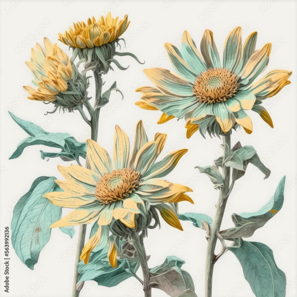 Arrow leaf Balsam root flowers, very light and dull pastel, water color ...