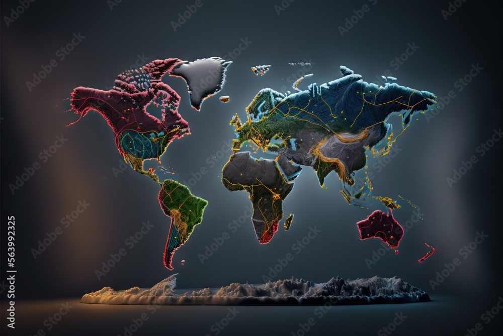 a digital world map with a dark background and a blue sky background ...