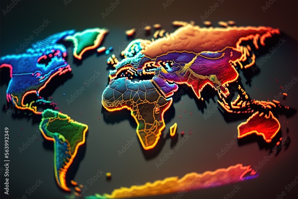 a colorful map of the world with a black background and a rainbow ...