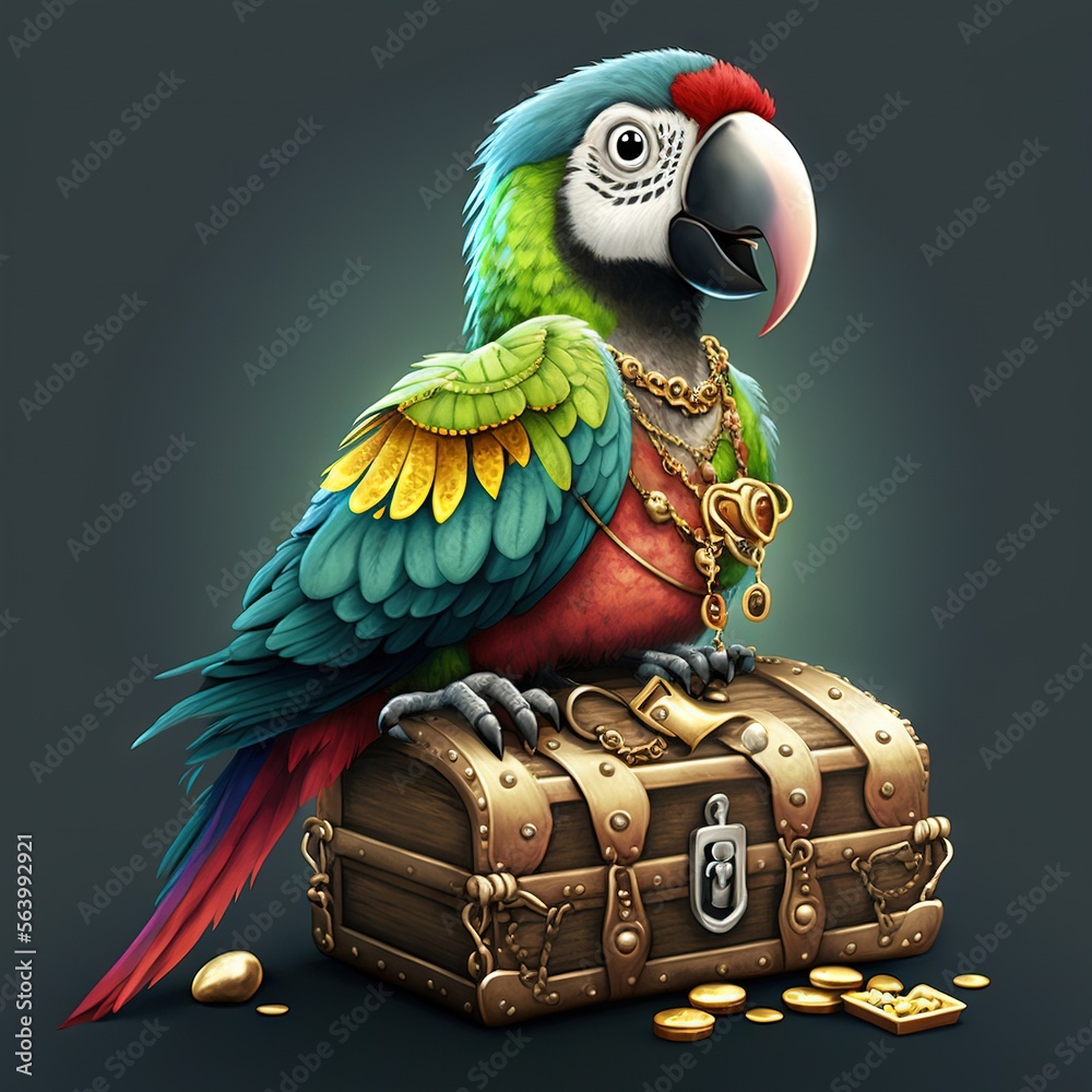 a parrot sitting on top of a chest of gold coins next to a chest of ...