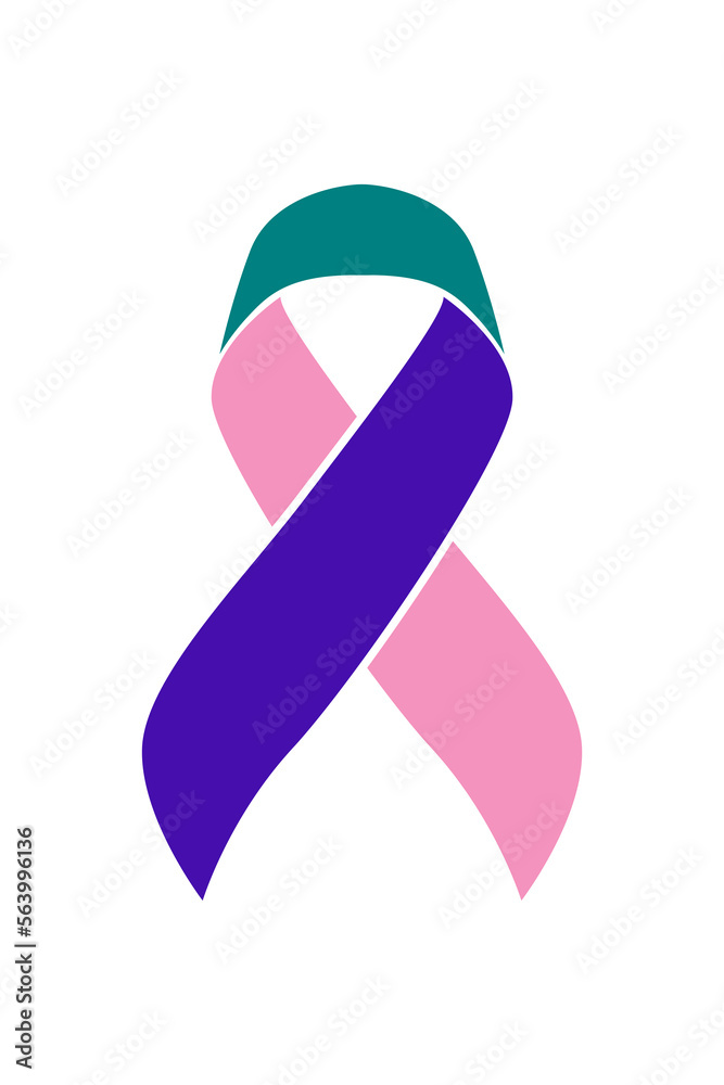 Vector graphic of thyroid cancer ribbon on white background. Blue, pink ...