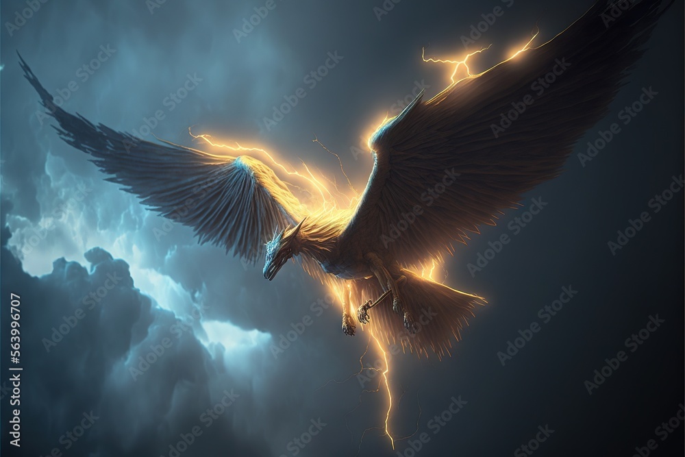 a bird flying through the air with lightning in its beaks and wings ...