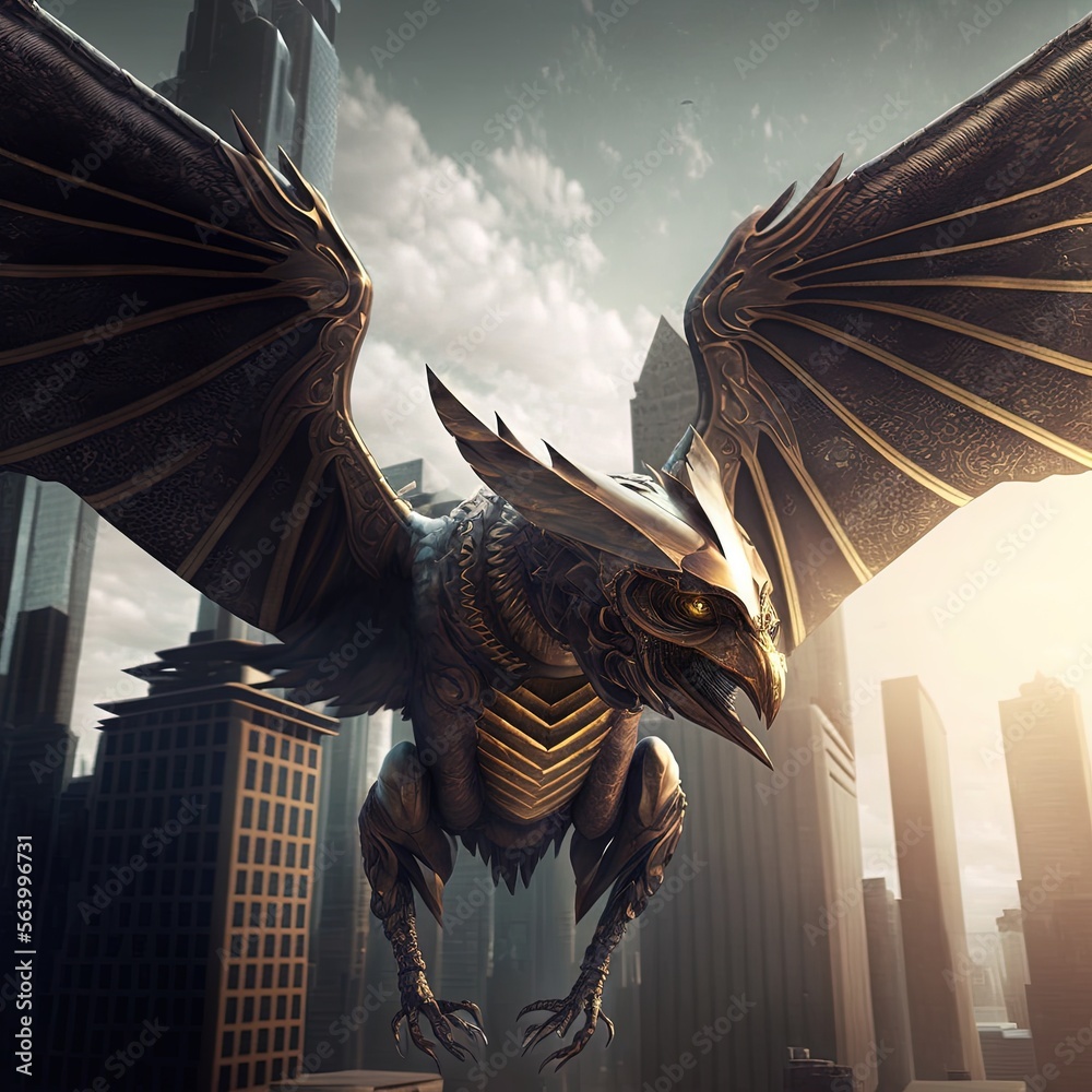 a large bird flying over a city next to tall buildings and a tall ...