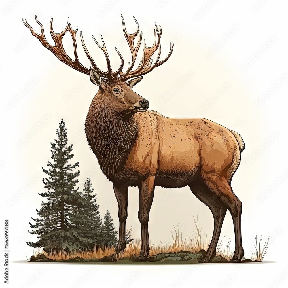 a deer standing in a field next to a forest with trees on it's side and ...