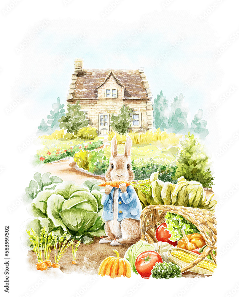 Watercolor fantasy cute rabbit Peter in blue jacket sit among ...