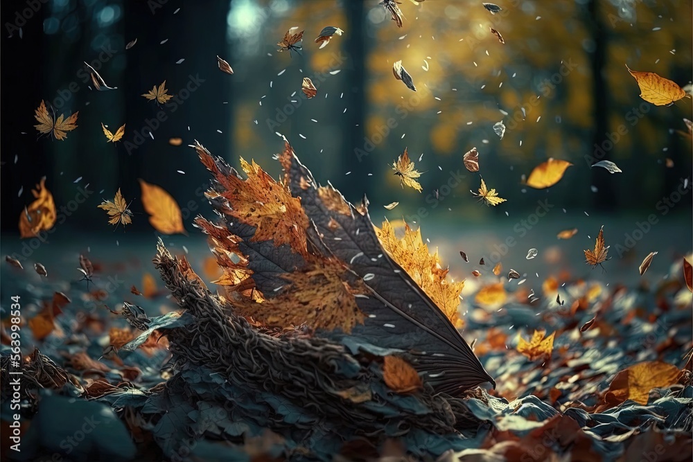 a fallen umbrella surrounded by leaves in a forest with falling leaves ...