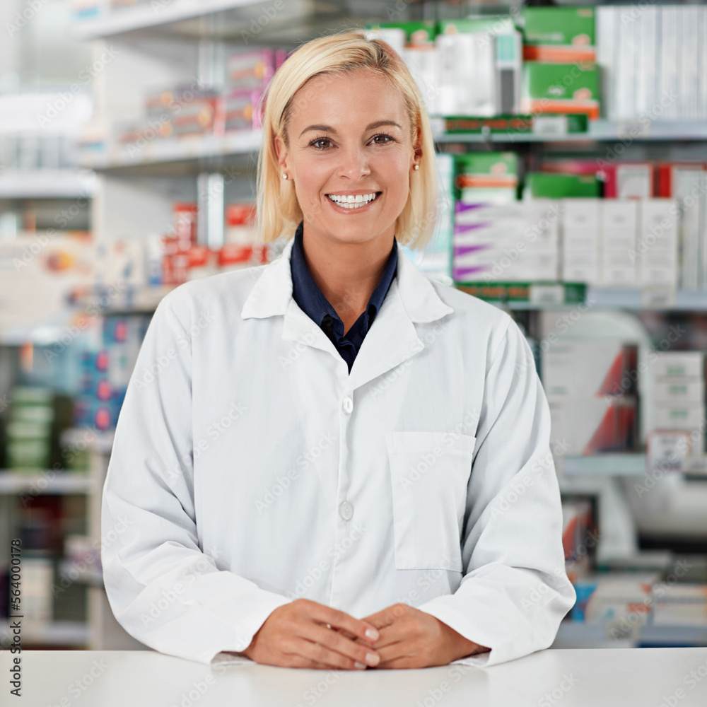 Pharmacist, happy portrait and medical pharmacy worker ready, confident ...
