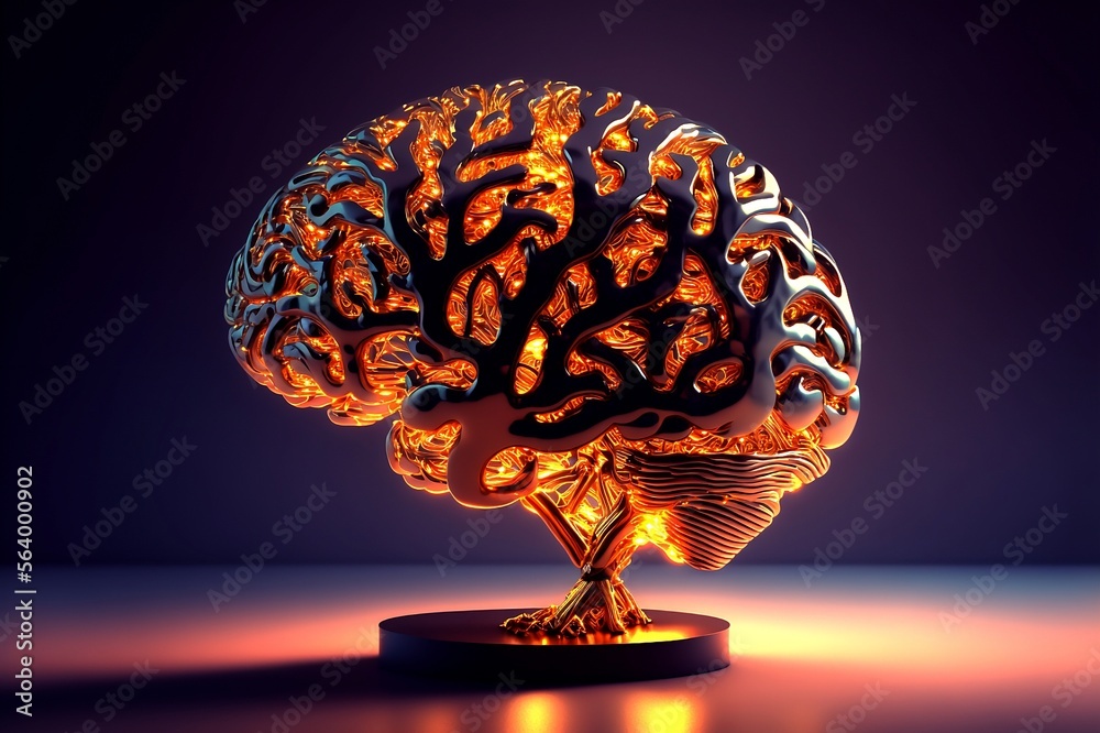 Golden glowing metallic brain on a stand symbolizing a futuristic ...