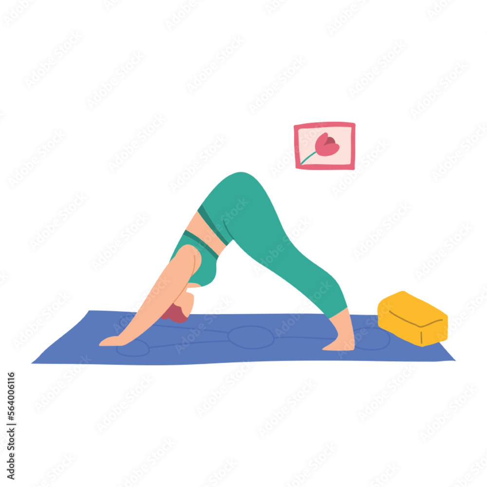 Cartoon Color Character Woman Home Yoga Adho Mukha Shvanasana Downward ...