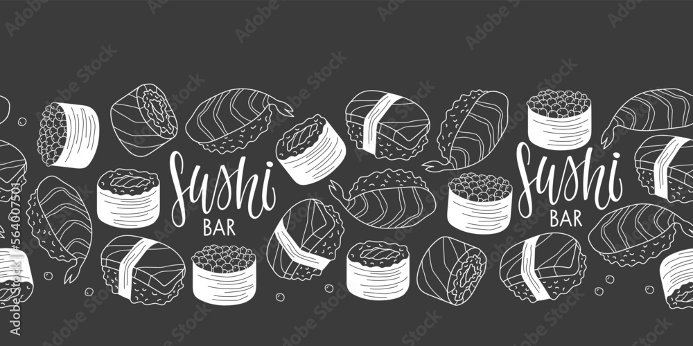 Seamless Japan food border. Fresh sushi set with sushi bar lettering ...
