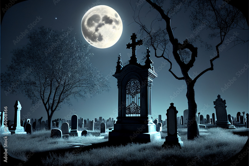 Old cemetery at full moon. AI generated Stock Illustration | Adobe Stock