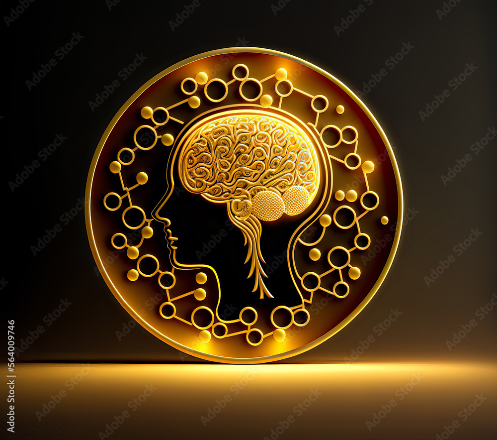 Illustration of a gold coin engraved with the human brain in artificial ...