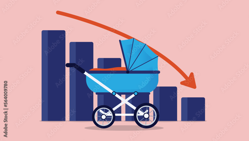 Vetor de Birth rate decline - Baby stroller in front of graph diagram ...