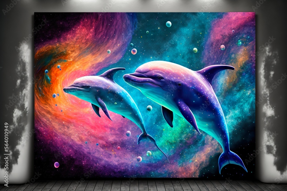 A painting of two dolphins floating in space, an airbrush painting a ...