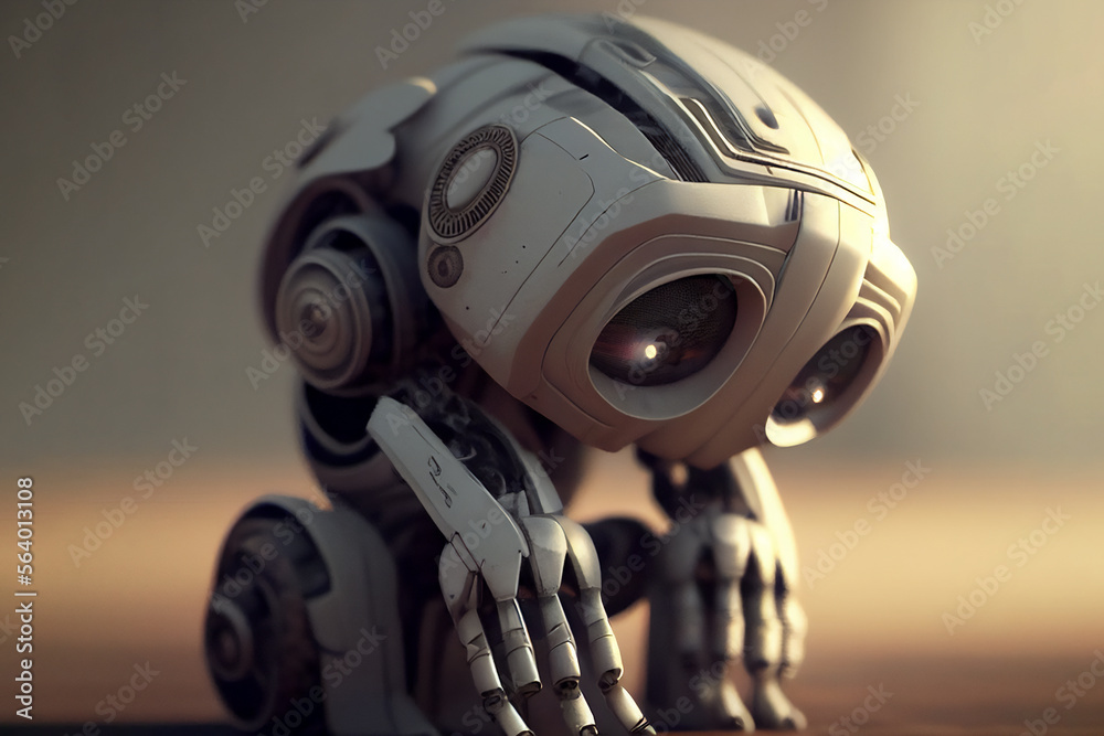 Young humanoid sad lonely robot child suffering from depression which ...