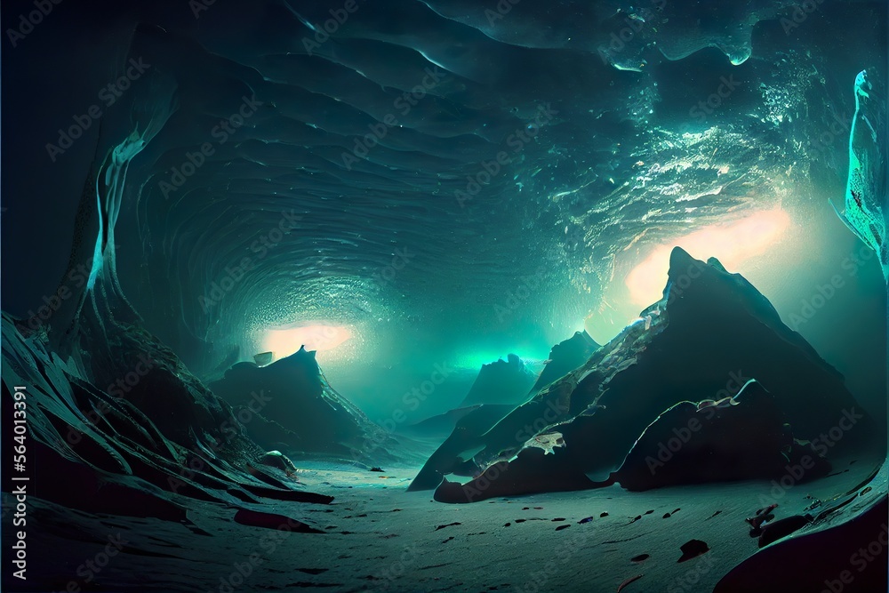 Blue underwater, undersea background. Empty ocean, seabed with light ...