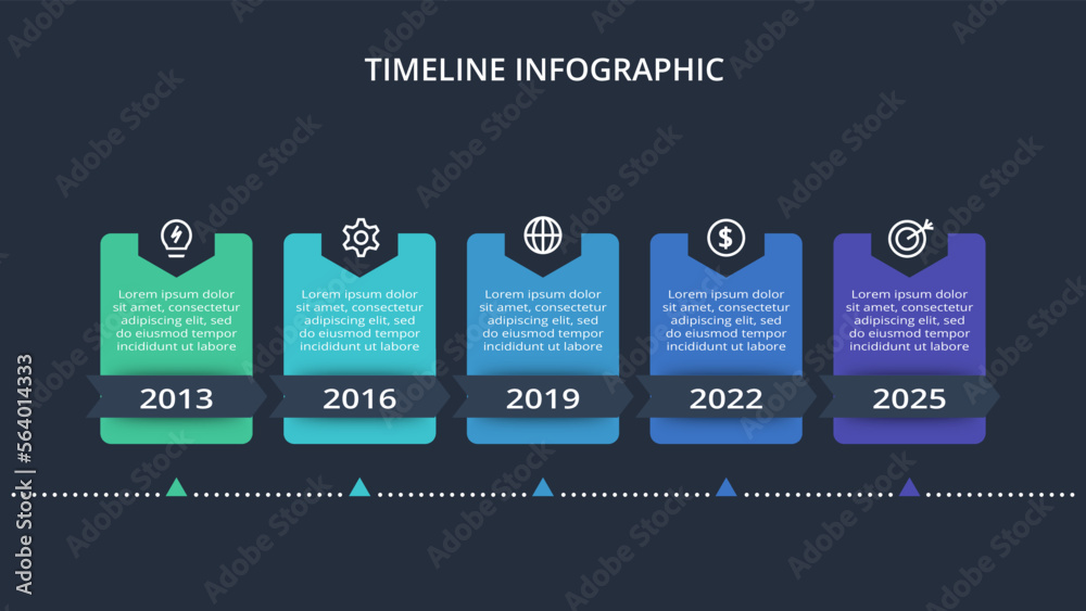 Timeline infographic with 5 elements template for web on a black ...