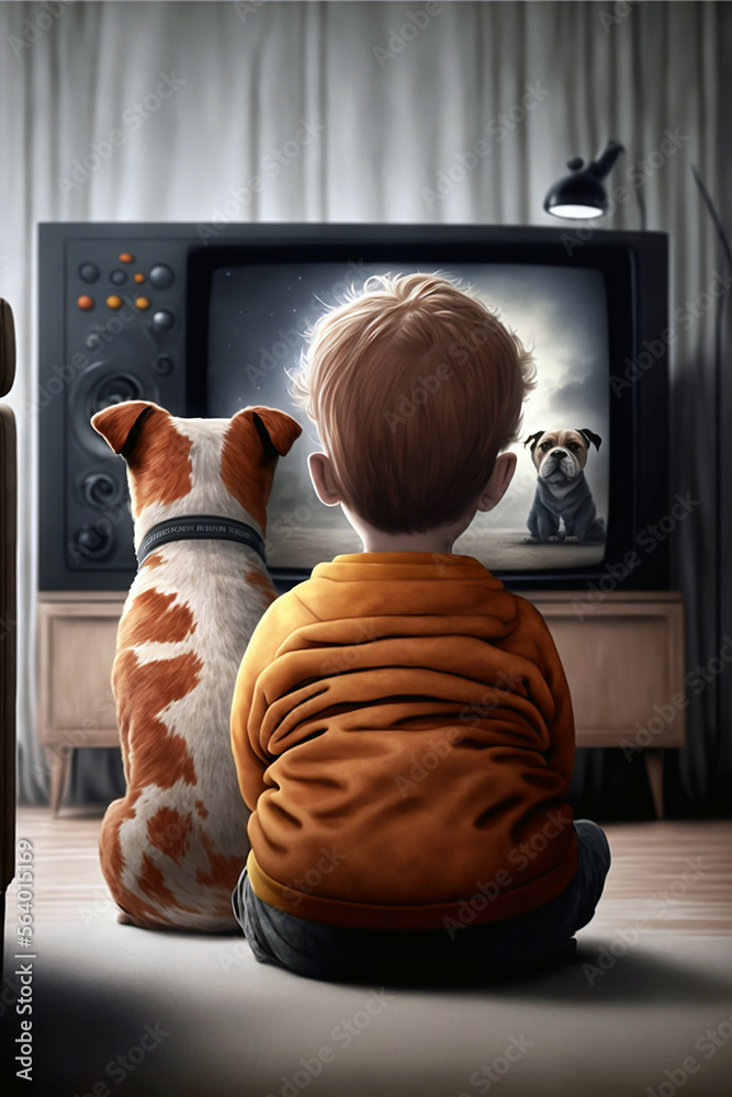 Cartoon Back view of cute little boy watching a television with dog ...