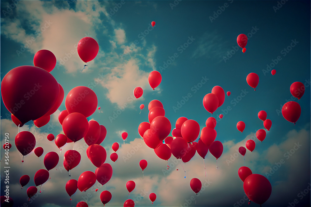 big group of red balloons floating in a clear blue sky, perfect for ...