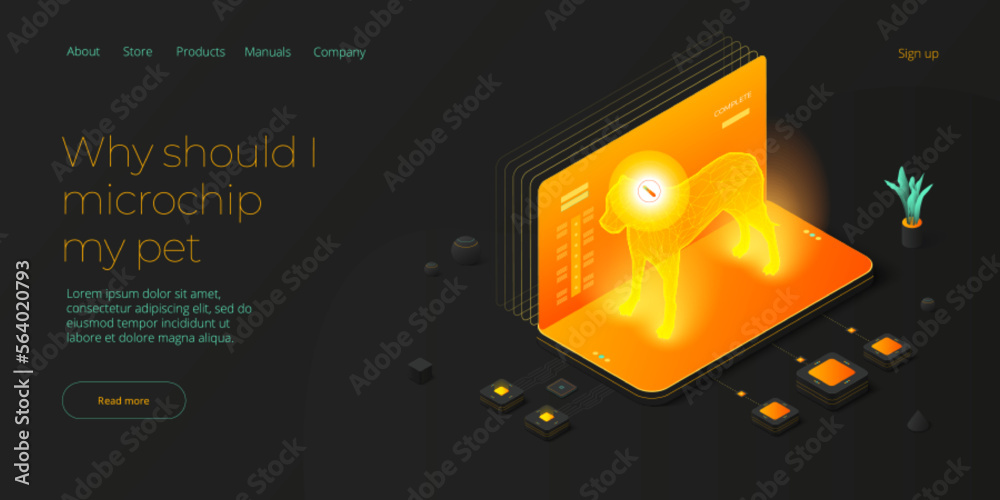 Pet microchip concept illustration in isometric vector design. Dog or ...