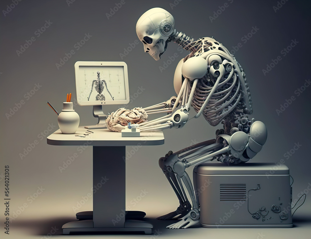 A skeleton sits at a computer desk, intently working while staring at ...
