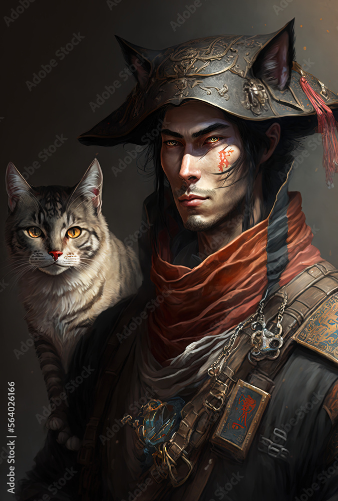 Samurai with his cat, fantasy character for board and role play games ...