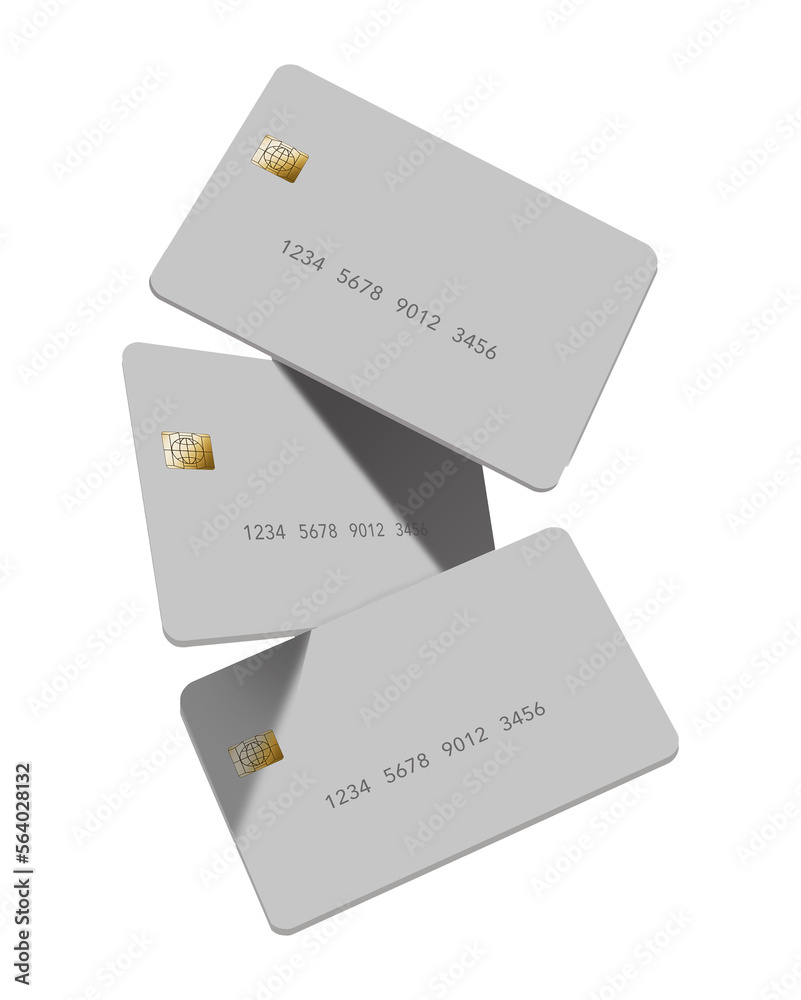 Three generic mock credit cards with text area are seen isolated on a ...