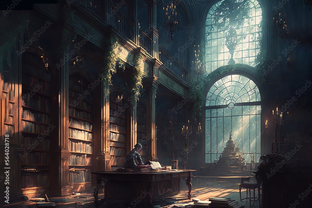 Gothic library. library in gloomy, and moody cathedral design. Fantasy ...