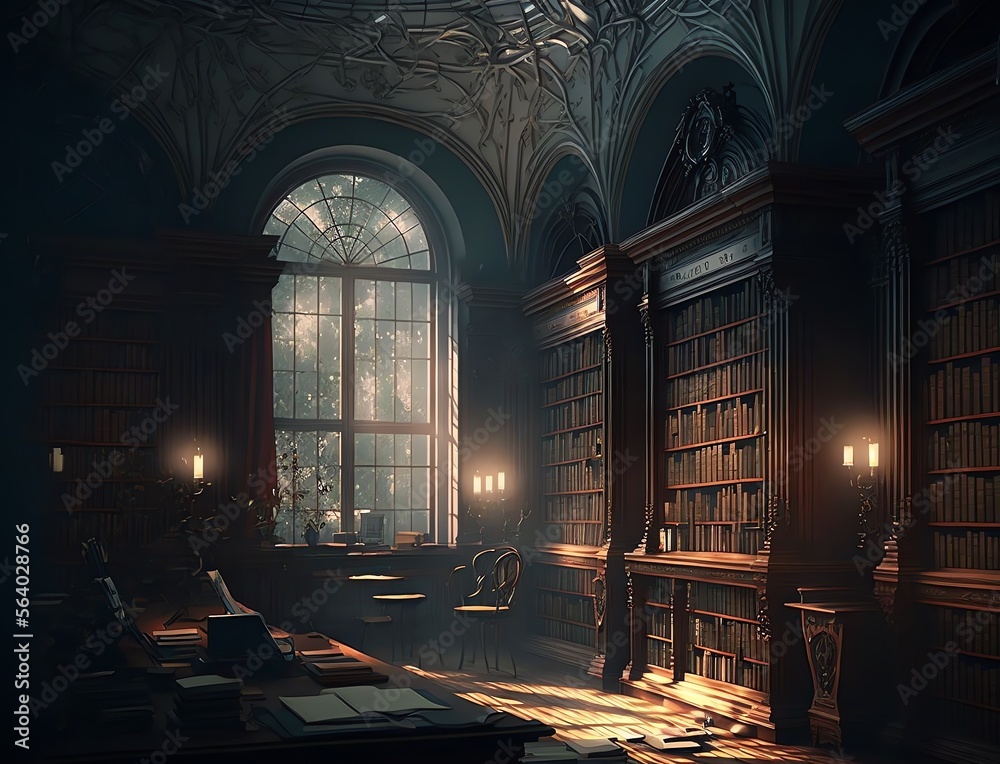Gothic library. library in gloomy, and moody cathedral design. Fantasy ...