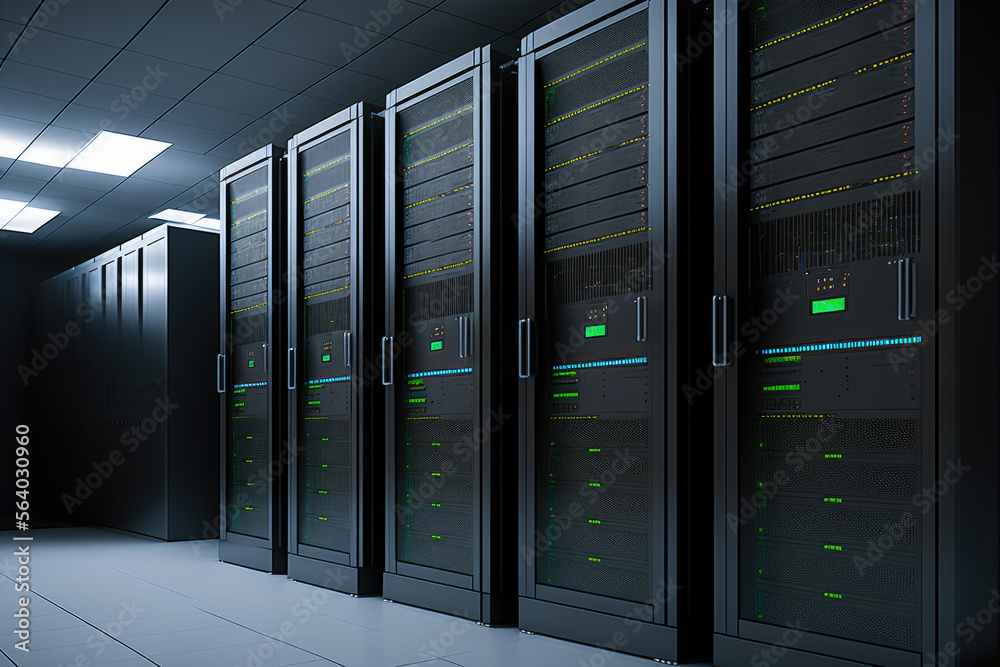 Data Center Infrastructure: Row of Server Racks in a High-Tech Facility ...