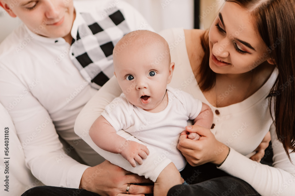 Little boy happy funny surprised cute child baby playing with parents ...