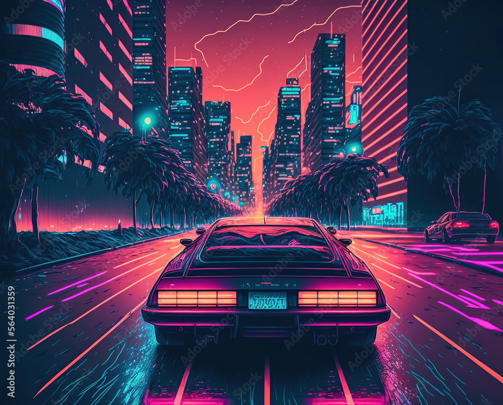 a car driving down a city street at night, cyberpunk art, art ...