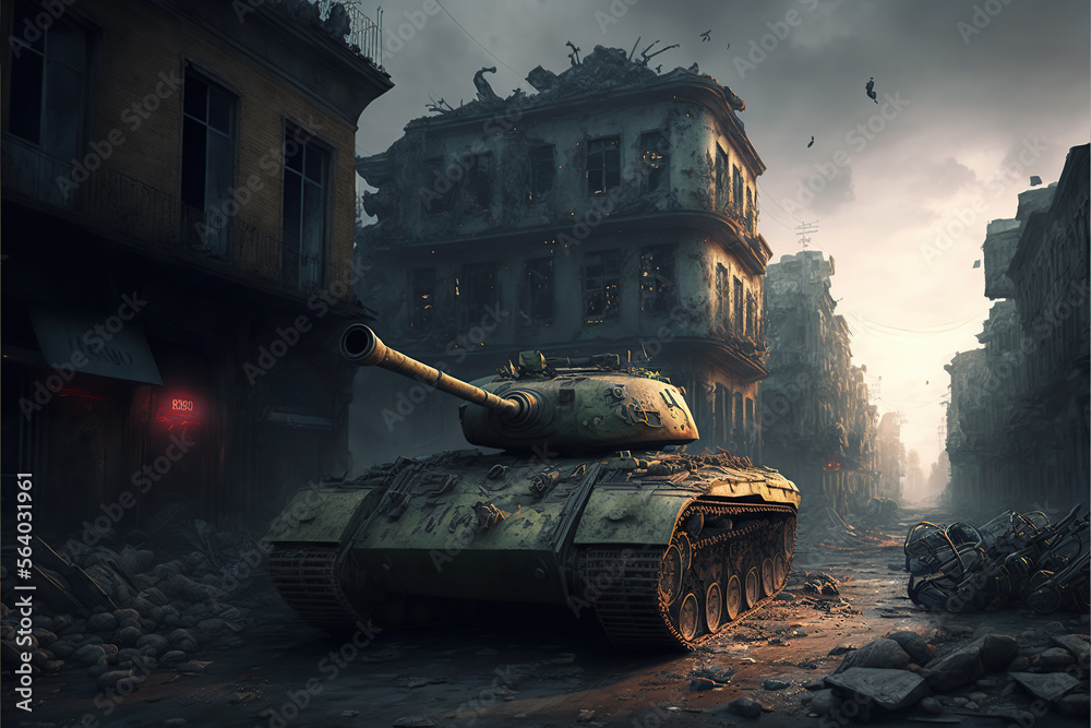 city destroyed by war. Tank, ruins and wreckage Stock Illustration ...
