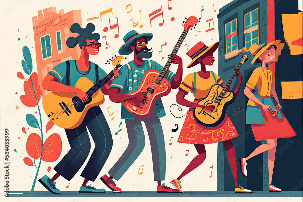 Professional street musicians in bright outfits playing songs, Guitar ...