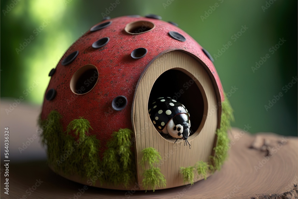 a lady bug is sitting in a red birdhouse with moss growing on the roof ...