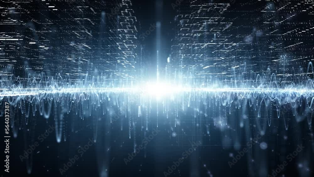 Seamless loop abstract shining digital city with oscillation wave lines ...