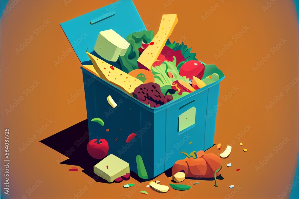 A cartoon illustration of food in perfect state in a dumpster ...