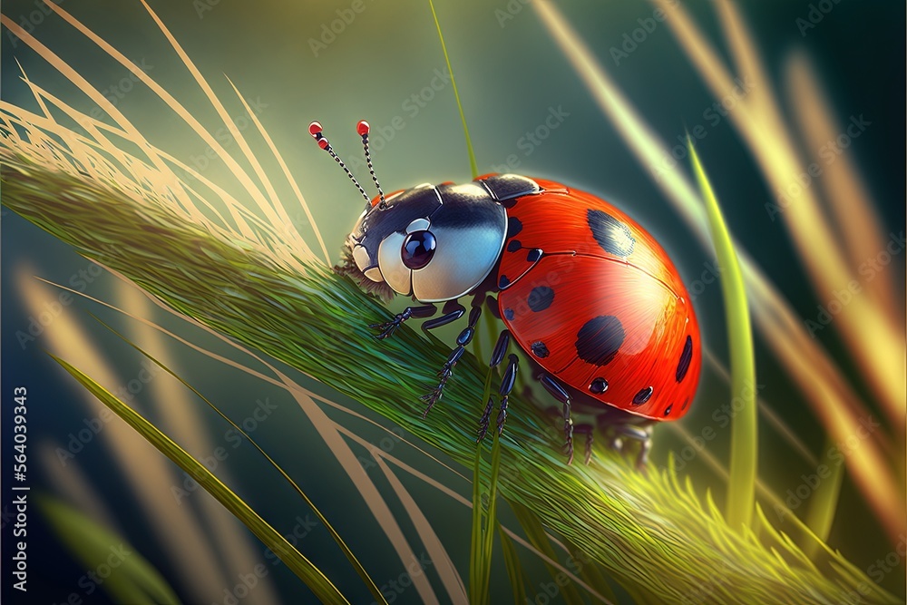 a lady bug sitting on top of a green plant with lots of leaves on it's ...