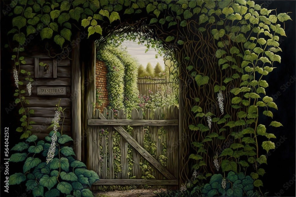 a painting of a gate with vines and flowers surrounding it and a brick ...