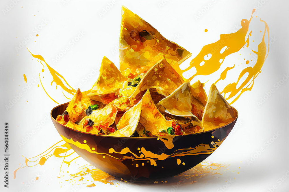 digital painting of a bowl with nachos and dripping and floating cheese ...