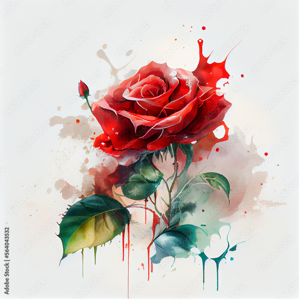 Watercolor painting art. Generative Ai illustration red rose with drops ...