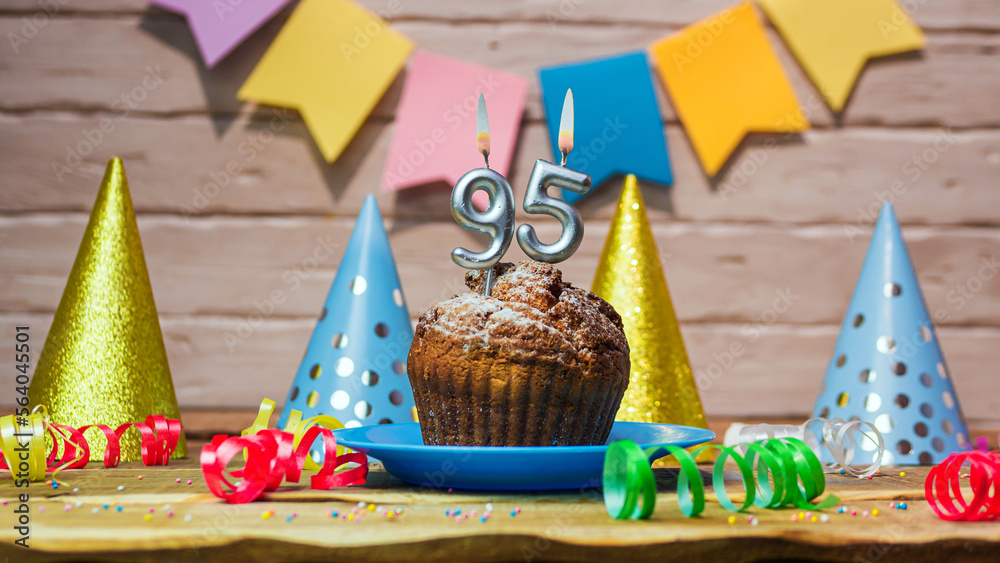 Festive cake with a candle with a number 95. Happy birthday background ...