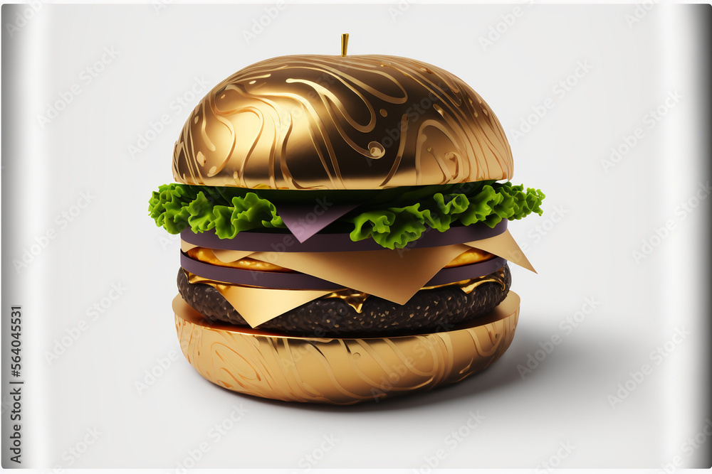Golden burger isolated white background, gold folio wrapped bun, gold ...