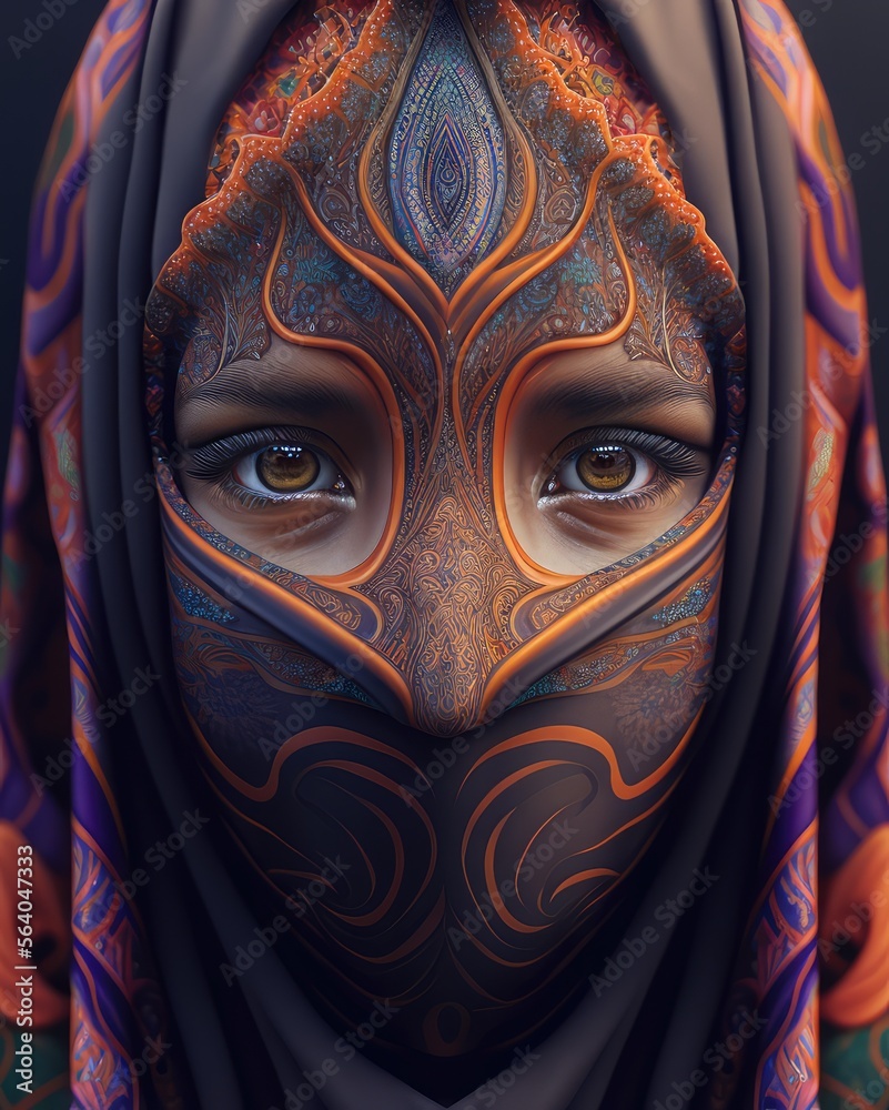 Portrait of Young arabic woman wearing a exotic burqa niqab looking at ...