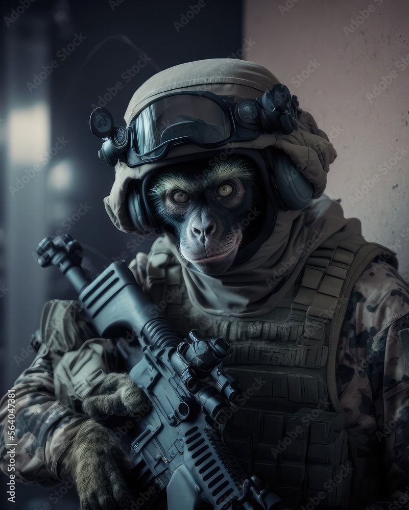 Monkey cyber soldier, the future infantry combatant, looking at the ...