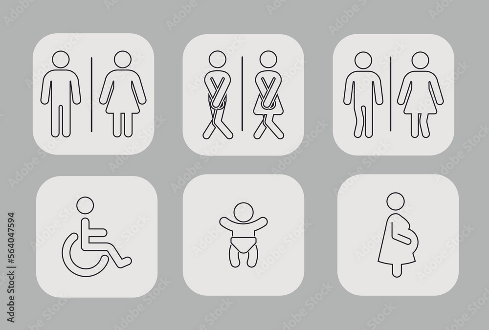 sanitary signage icons, restroom area vector indicators, linear vector ...