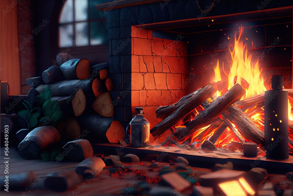 Burning wood in a fireplace stove in a country house. A rustic stove ...